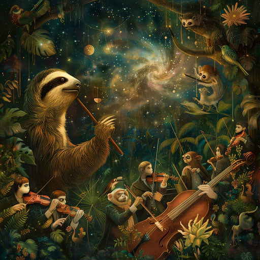 Sloth conducting jungle animals in symphony under the stars – IMAGELLA