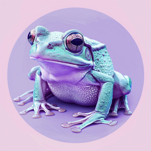 Logo de equipo caprichoso con una rana peculiar en fondo morado pastel ...