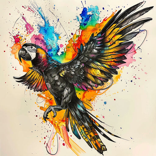 Surreal sketch of a yellow-tailed black cockatoo morphing into abstract ...