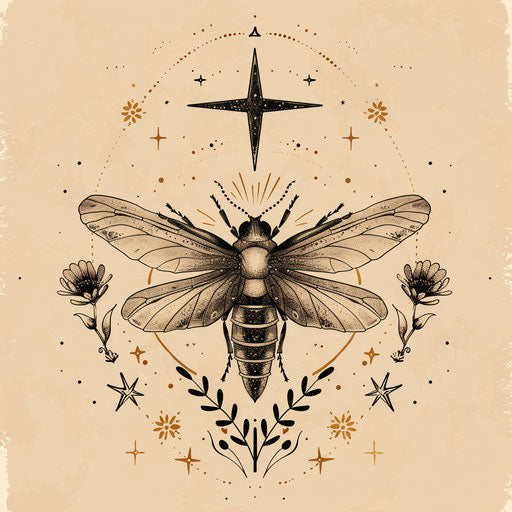 Rustic sketch of a firefly with earth tones and natural motifs – IMAGELLA