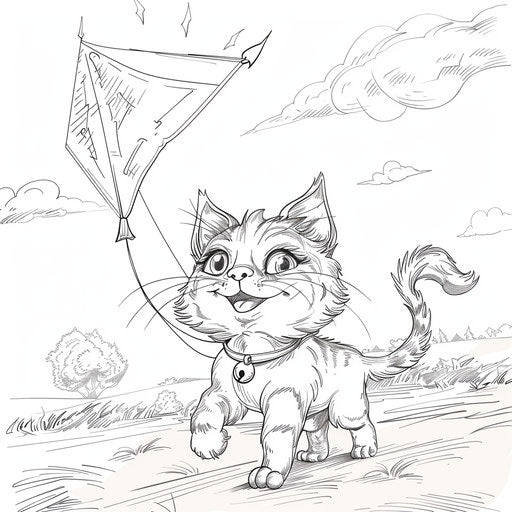 A whimsical cartoon cat flying a kite on a windy day. Coloring book ...