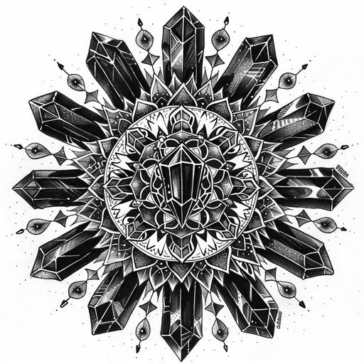Intricate flat tattoo sketch with obsidian pieces in a mandala pattern ...