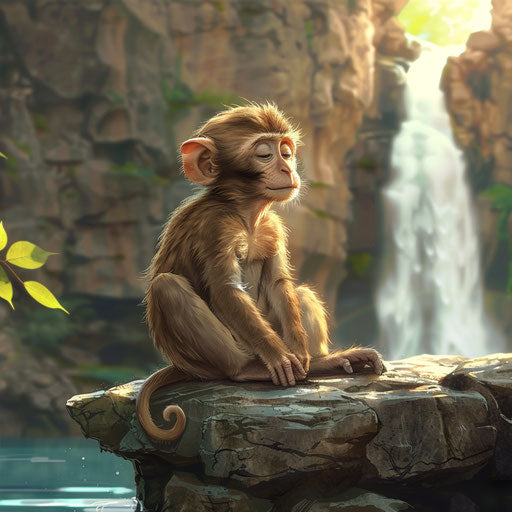 Adorable monkey on rock with waterfall – IMAGELLA