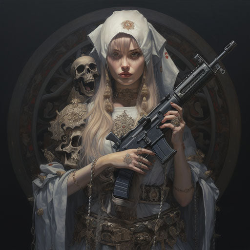 Religious symbol, holding a skull and a gun – IMAGELLA