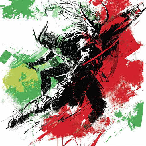 Dynamic tattoo sketch of Thor clashing with Loki in a vivid, flat ...
