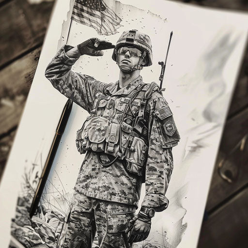 Military salute with flag in black and grey on white paper – IMAGELLA