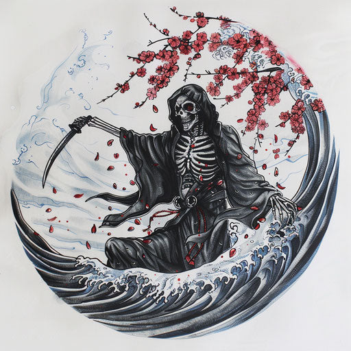 Japanese style reaper tattoo with waves and cherry blossoms – IMAGELLA