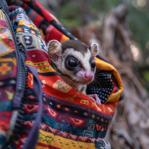 A curious sugar glider peeking out of a colorful knapsack during a ...