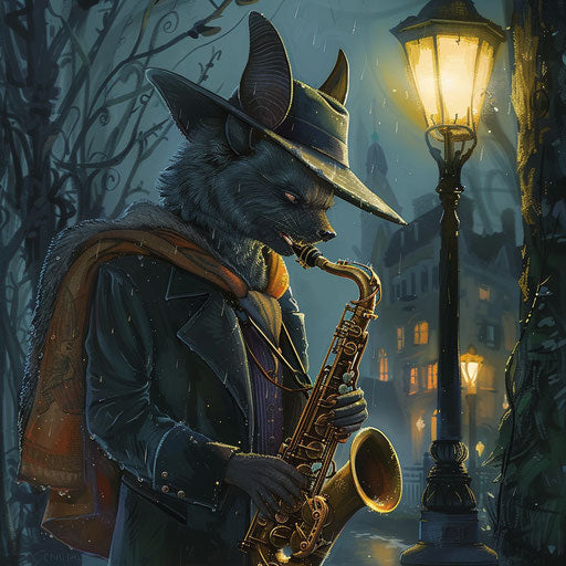 Bat jazz musician playing saxophone under a streetlamp – IMAGELLA