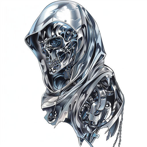 Futuristic reaper tattoo with cybernetic elements and silver metallic ...