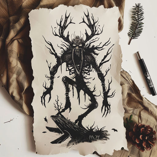 Rustic flat tattoo sketch of a Wendigo in a traditional woodcut style ...
