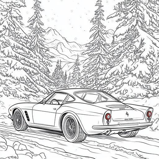 Ferrari in a winter scene, Jan Brett style, festive and intricate ...