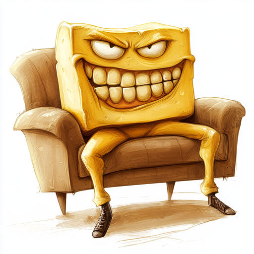 Humorous caricature of a butter character with big teeth, long legs ...