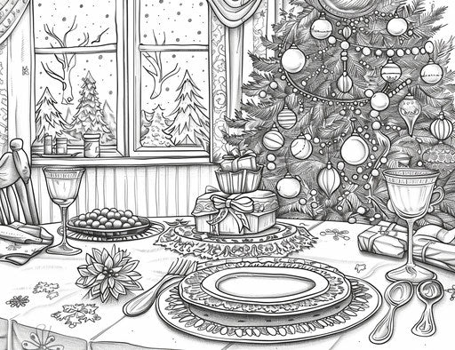 Christmas table coloring, tactile texture style, soft colors – IMAGELLA
