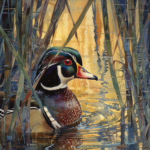 Wood duck peeking out from behind reeds at edge of secluded pond – IMAGELLA
