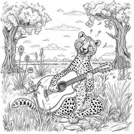 A whimsical cheetah playing a guitar and singing in the savannah – IMAGELLA