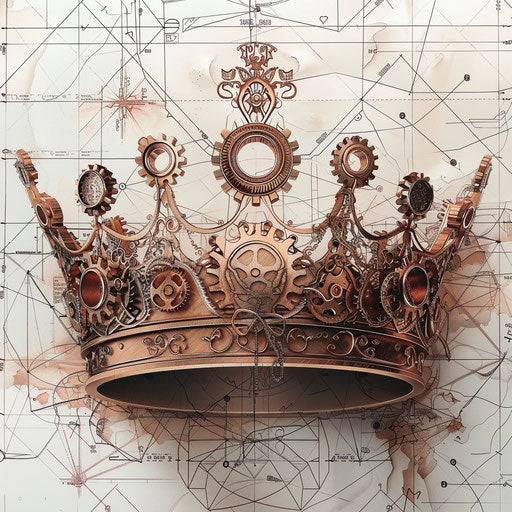 Steampunk queen crown with gear and copper elements on aged white ...