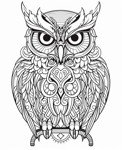 Owl coloring image, ornate style, carved animal figures, RTX – IMAGELLA
