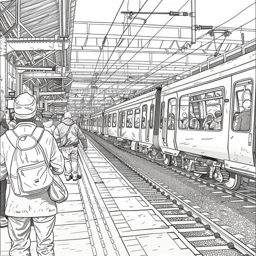 Train arrival at a busy station, coloring book page – IMAGELLA