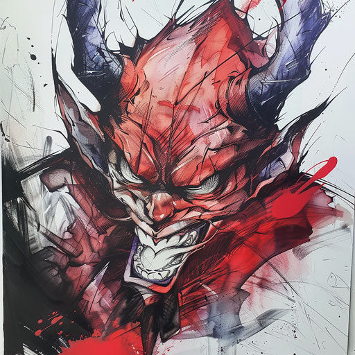 Sketch of an oni demon with menacing eyes, vibrant red and black colors ...