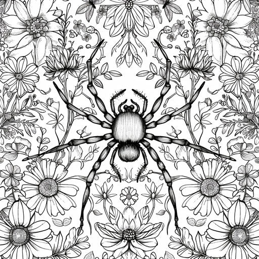A black widow in a floral forest with whimsical patterns – IMAGELLA