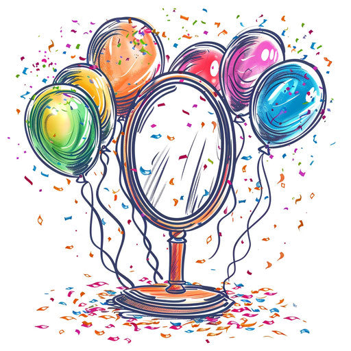 Mirror surrounded by colorful party balloons and confetti – IMAGELLA