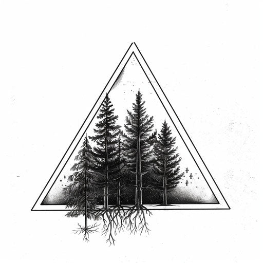 Line art triangle tattoo sketch with forest scene – IMAGELLA