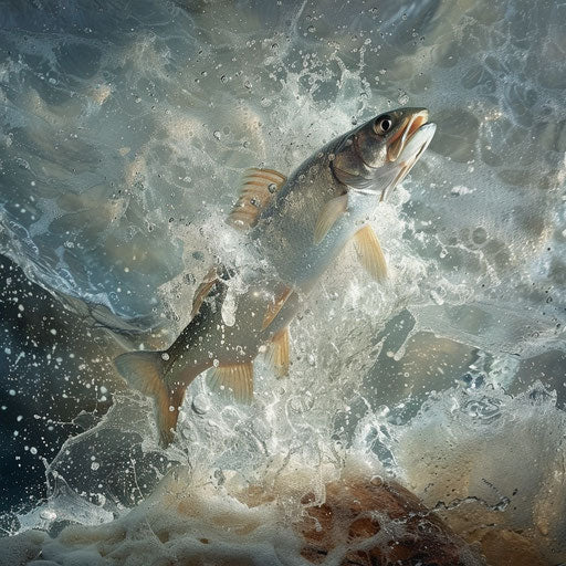 Fish breaking through a wall of water, defying gravity in a powerful ...