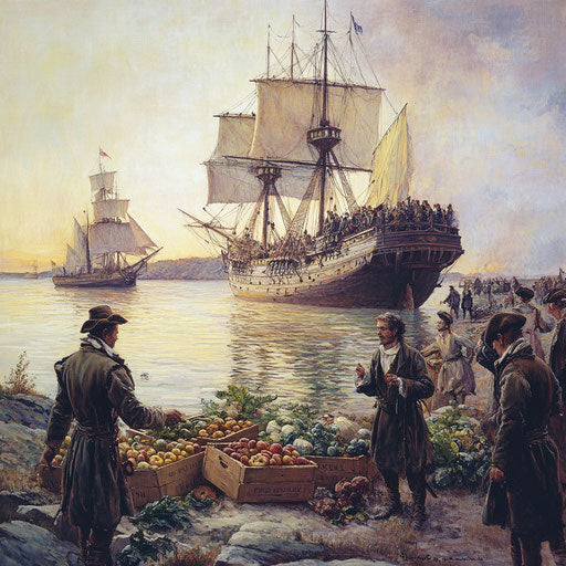 Mayflower ship with passengers opening food boxes – IMAGELLA