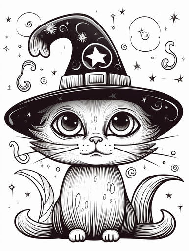 Witch cat with wizard hat, drawing, 1st version – IMAGELLA