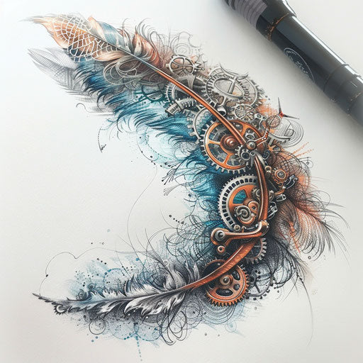 Steampunk feather tattoo concept with mechanical gears and copper tones ...