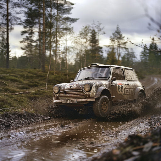 1980 Mini Cooper rally car covered in mud mid-jump in dramatic race ...