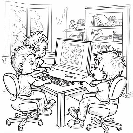 Children playing educational games on computers. Coloring book page ...