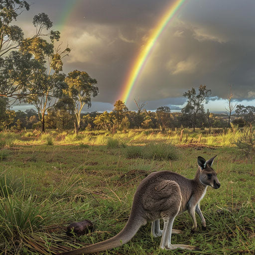 Western grey kangaroo grazing in field with rainbow – IMAGELLA