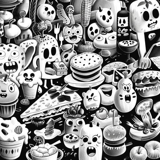 Whimsical potluck scene with animated food characters in clipart – IMAGELLA