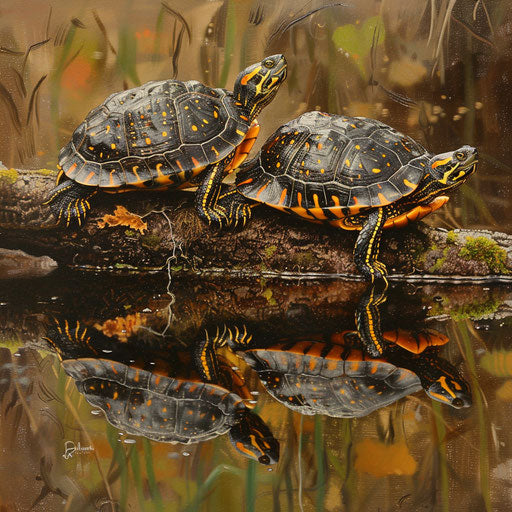 Two yellow spotted turtles sharing a log – IMAGELLA