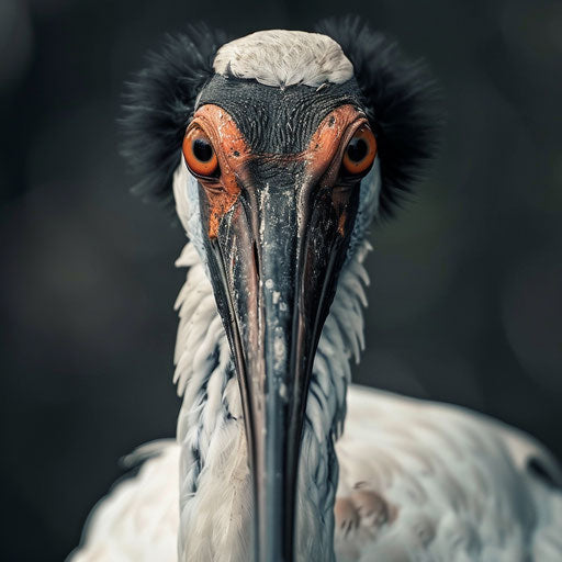 Close-up portrait of an ibis bird with expressive eyes in the style of ...