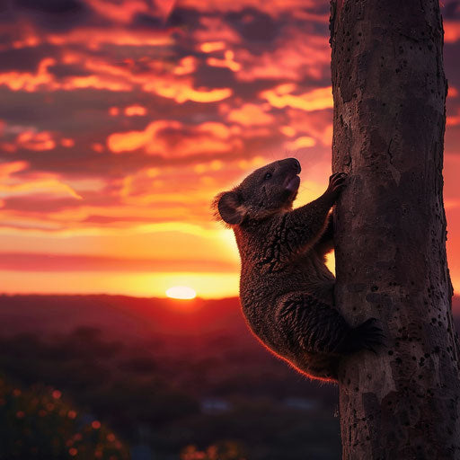 Wombat climbing a tree with a stunning sunset behind – IMAGELLA