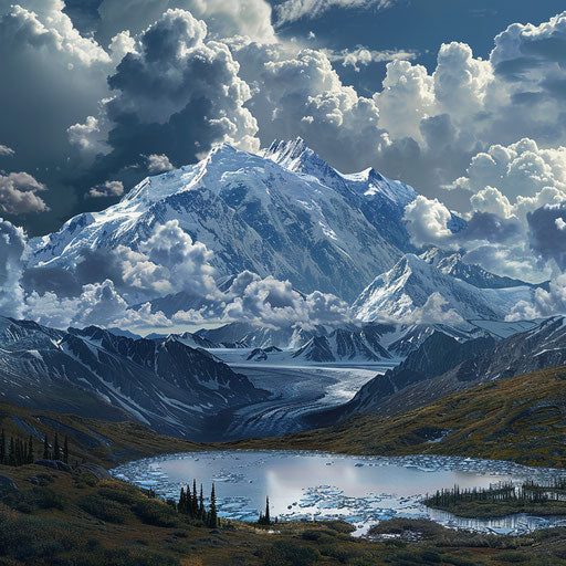 Denali with glacial lakes, dramatic clouds, Peter Holme III style ...
