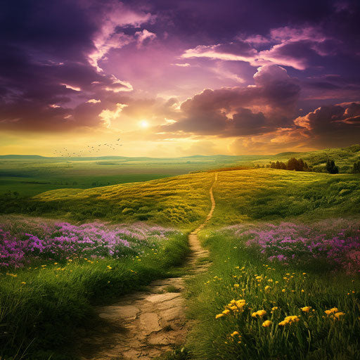 Yellow path through grass with clouds above – IMAGELLA