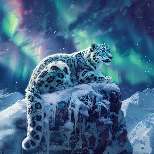Snow leopard lounging on frosty peak under northern lights. – IMAGELLA