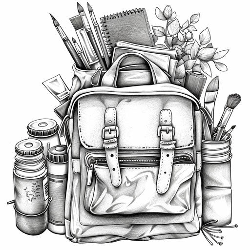 Playful scene of a backpack overflowing with art supplies – IMAGELLA