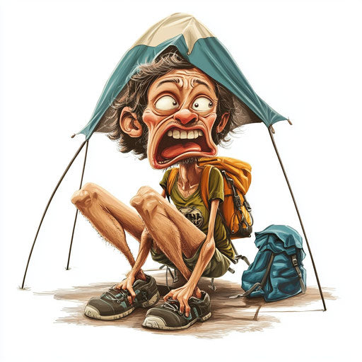 Humorous caricature of a camping illustration with human ...