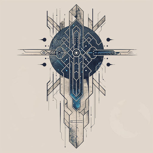 Futuristic flat tattoo sketch of a rune integrated into a metallic ...