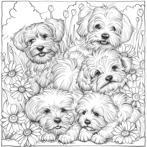 Playful puppies in a meadow, Teagan White style coloring page – IMAGELLA
