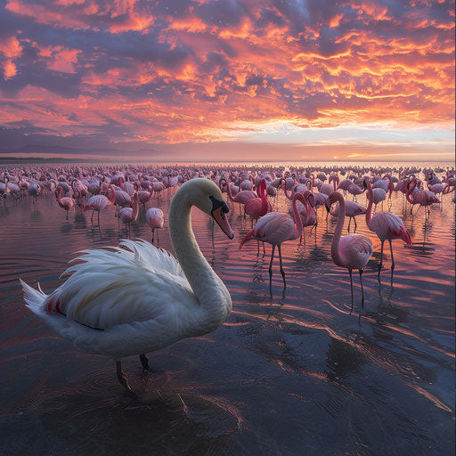 Swan among flamingos in salty lagoon at dawn – IMAGELLA