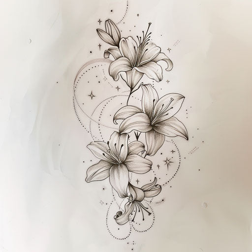 Tattoo sketch of the Lion constellation with delicate lilies – IMAGELLA