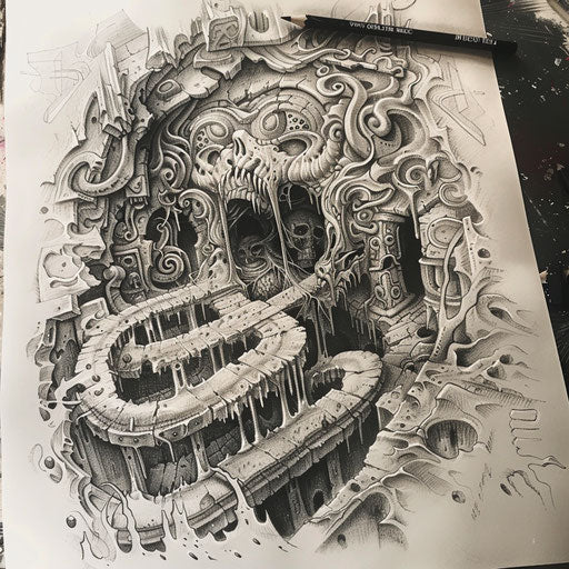 Intricate flat tattoo sketch with detailed depiction of underworld ...