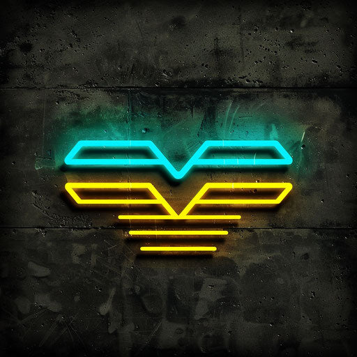 Vintage neon logo in yellow and turquoise on black background – IMAGELLA