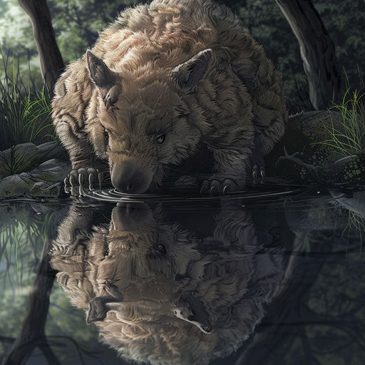 Wombat playing with its reflection in a calm pond – IMAGELLA